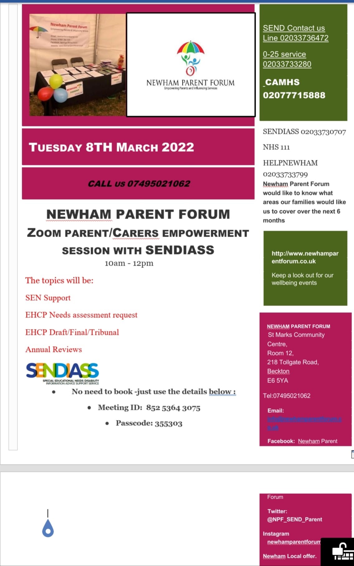NEWHAM PARENT FORUM – ZOOM PARENT/CARERS EMPOWERMENT SESSION WITH ...